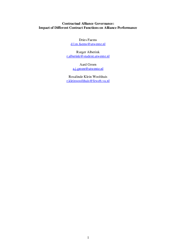 (PDF) Contractual Alliance Governance: Impact of Different Contract ...