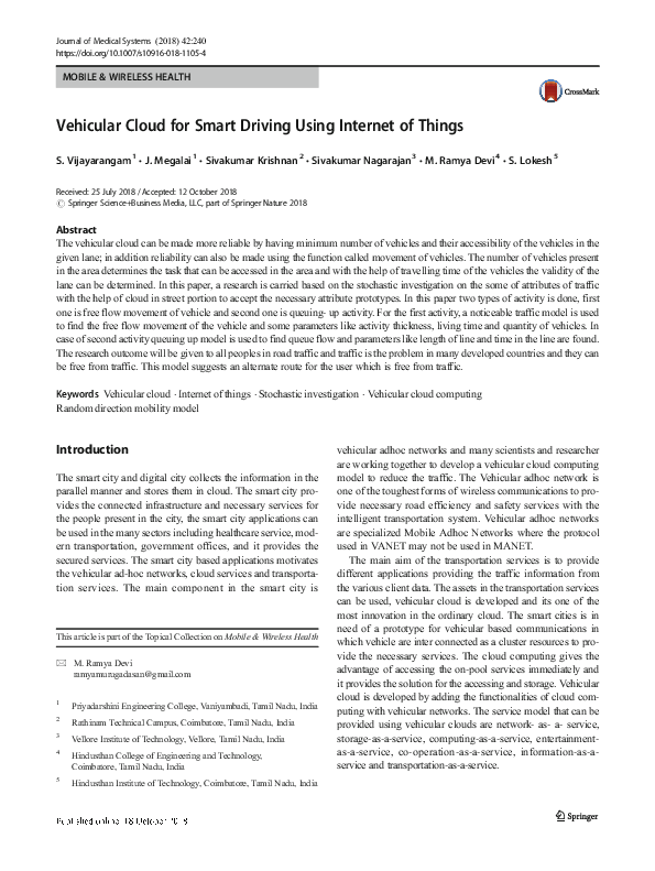 (PDF) Vehicular Cloud for Smart Driving Using Internet of Things