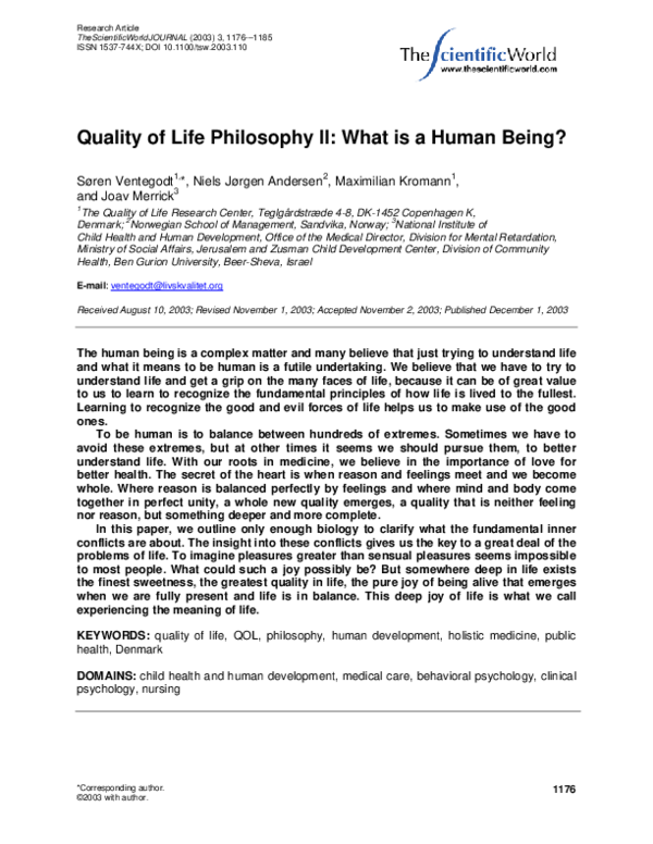 (PDF) Quality of life philosophy II: what is a human being?