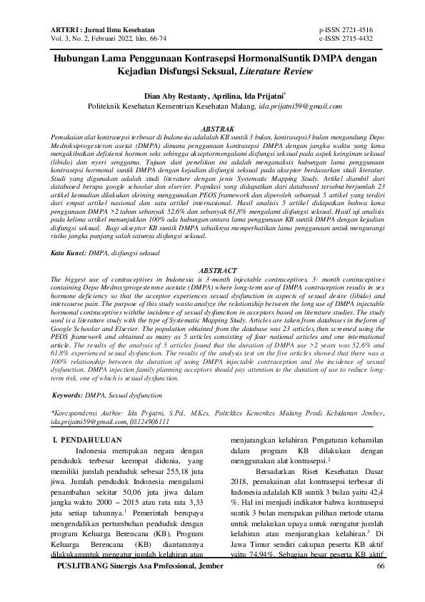 (PDF) Hubungan Lama Penggunaan Kontrasepsi Hormonal Suntik DMPA dengan Kejadian Disfungsi ...