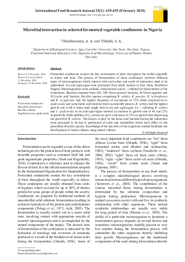 (PDF) Microbial interaction in selected fermented vegetable condiments ...