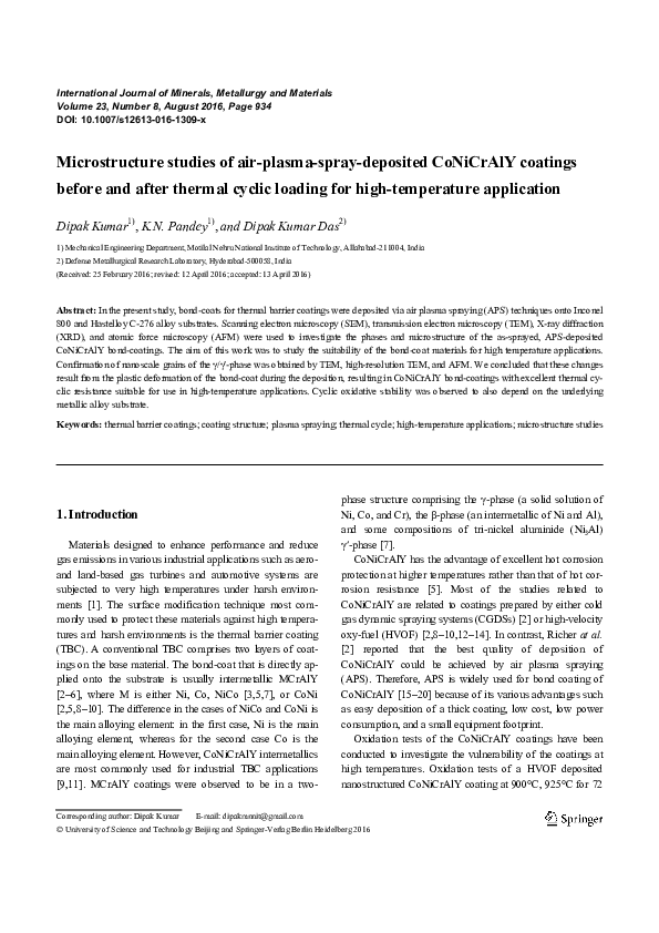 (PDF) Microstructure studies of air-plasma-spray-deposited CoNiCrAlY coatings before and after ...