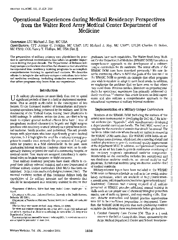 (PDF) Operational Experiences during Medical Residency: Perspectives from the Walter Reed Army ...