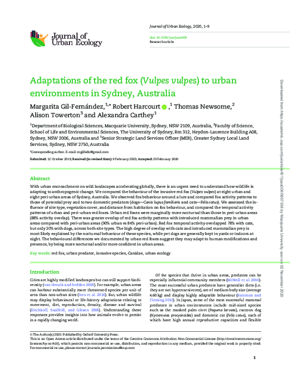 (PDF) Adaptations of the red fox (Vulpes vulpes) to urban environments in Sydney, Australia