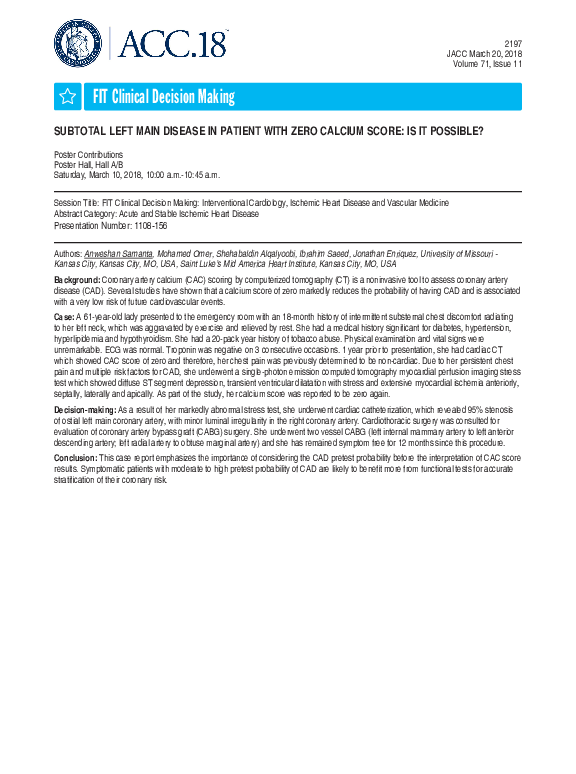 (PDF) Subtotal Left Main Disease in Patient with Zero Calcium Score: Is ...