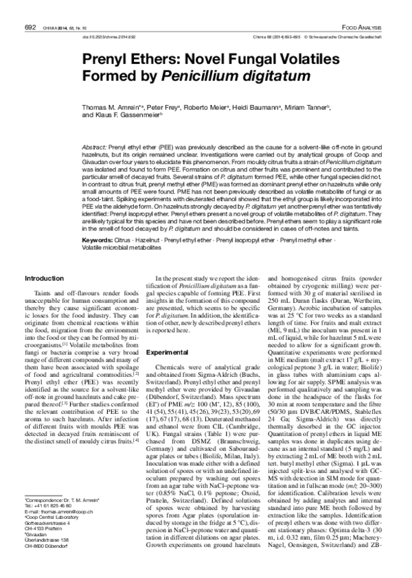 (PDF) Prenyl Ethers: Novel Fungal Volatiles Formed by Penicillium digitatum