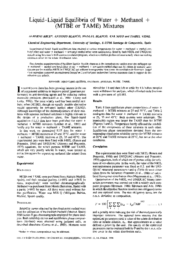 (PDF) Liquid-liquid equilibria of water + methanol + (MTBE or TAME ...