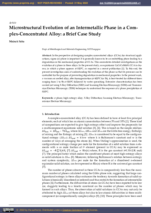 (PDF) Microstructural Evolution of an Intermetallic Phase in a Complex-Concentrated Alloy: A ...