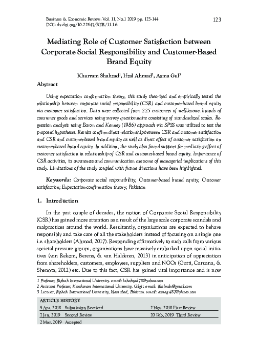 (PDF) Mediating Role of Customer Satisfaction between Corporate Social Responsibility and ...