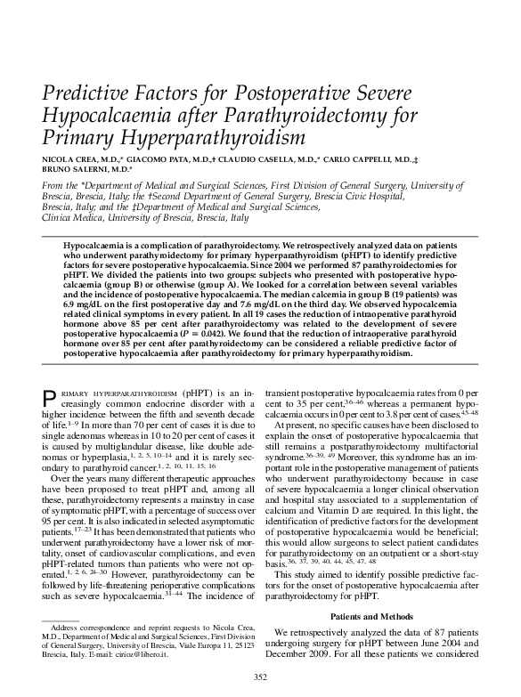 (PDF) Predictive Factors for Postoperative Severe Hypocalcaemia after Parathyroidectomy for ...