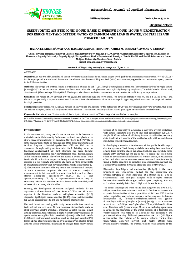 Pdf Green Vortex Assisted Ionic Liquid Based Dispersive Liquid Liquid Microextraction For