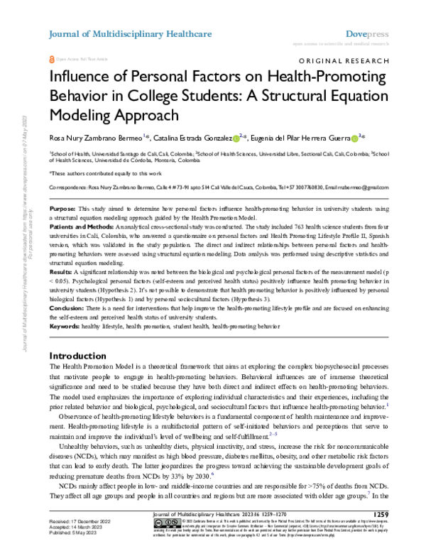 (PDF) Influence of Personal Factors on Health-Promoting Behavior in College Students: A ...