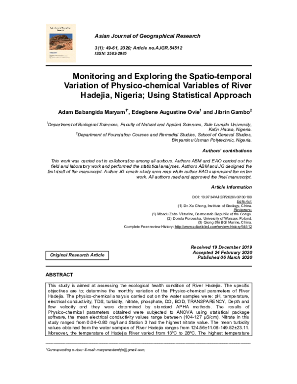 (PDF) Monitoring and Exploring the Spatio-temporal Variation of Physico-chemical Variables of ...