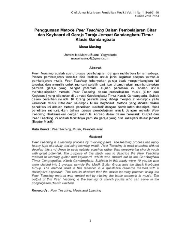 (PDF) Penggunaan Metode Peer Teaching Dalam Pembelajaran Gitar dan Keyboard di Gereja Toraja ...