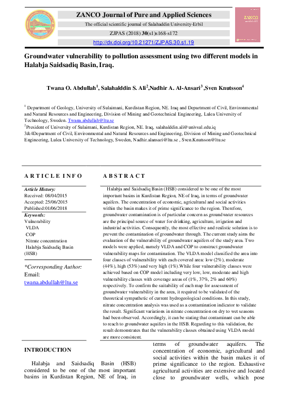 Pdf Groundwater Vulnerability To Pollution Assessment Using Two
