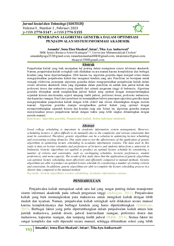 (PDF) Penerapan Algoritma Genetika dalam Optimisasi Penjadwalan Sistem Informasi Akademik