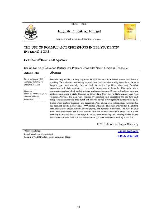 (PDF) The Use of Formulaic Expressions in Efl Students’ Interactions