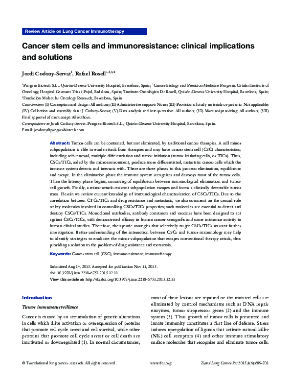 (PDF) Cancer stem cells and immunoresistance: clinical implications and solutions