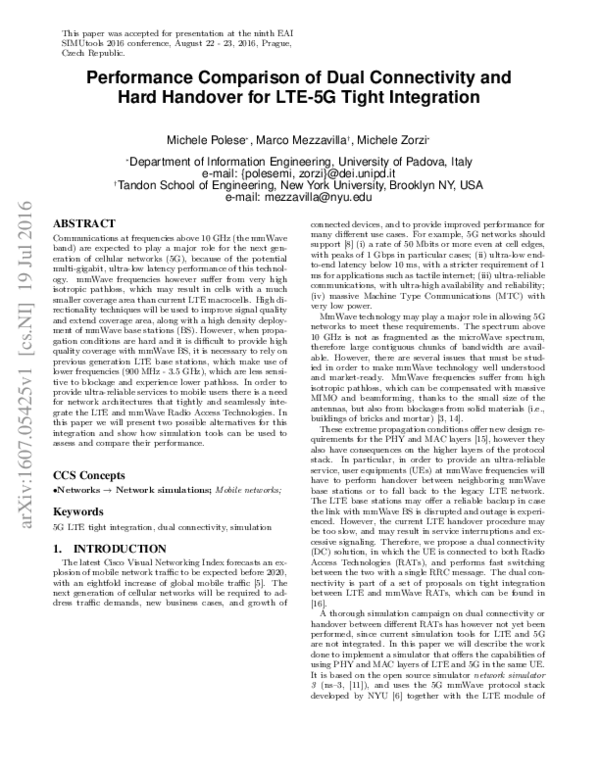 (PDF) Performance Comparison of Dual Connectivity and Hard Handover for LTE-5G Tight Integration