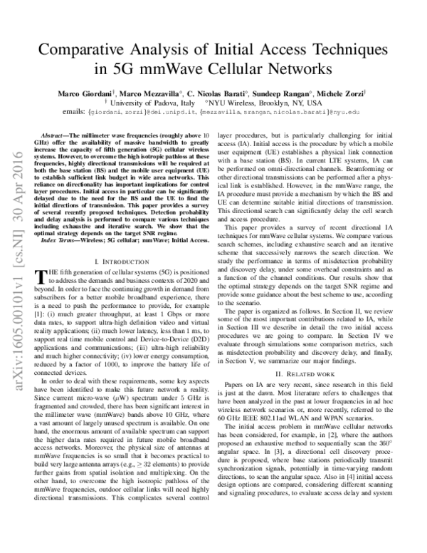 Pdf Comparative Analysis Of Initial Access Techniques In 5g Mmwave Cellular Networks