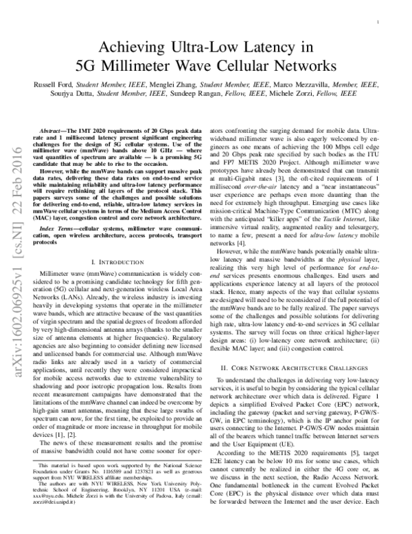 (PDF) Achieving Ultra-Low Latency in 5G Millimeter Wave Cellular Networks