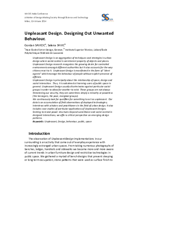 (PDF) Unpleasant Design. Designing Out Unwanted Behaviour