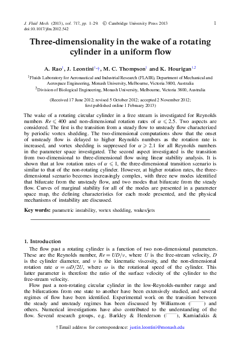 (PDF) Three-dimensionality in the wake of a rotating cylinder in a ...