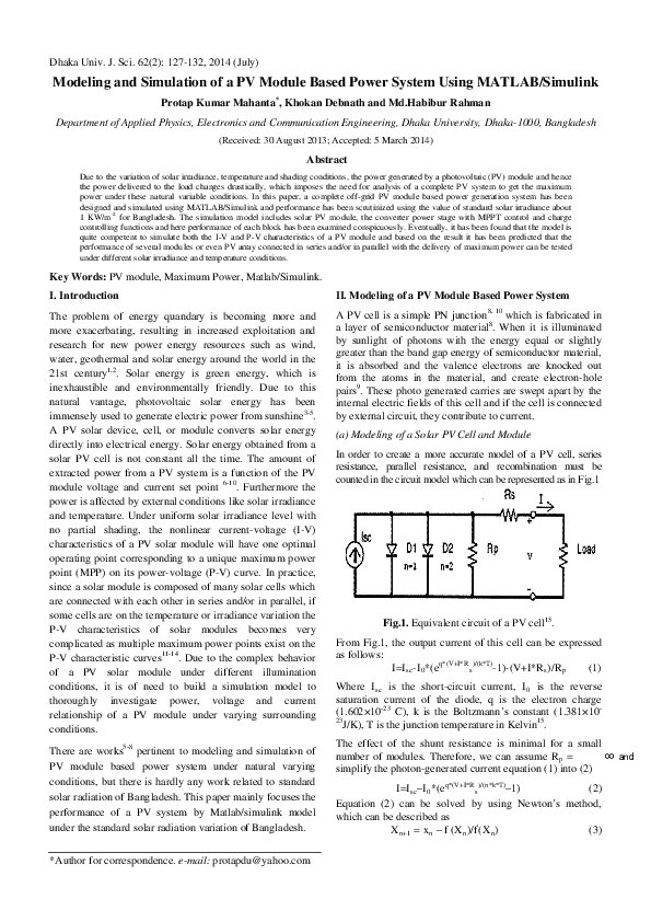 Pdf Modeling And Simulation Of A Pv Module Based Power System Using Matlabsimulink