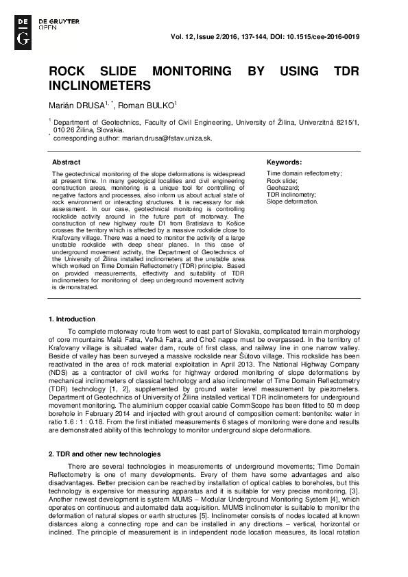 (PDF) Rock Slide Monitoring by Using TDR Inclinometers