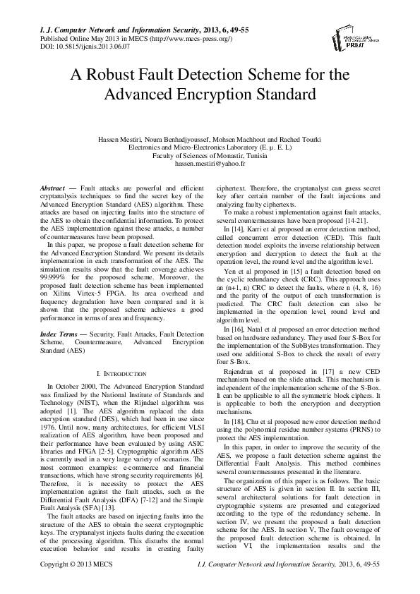 (PDF) A Robust Fault Detection Scheme for the Advanced Encryption Standard (PDF) A Robust Fault Detection Scheme for the Advanced Encryption Standard