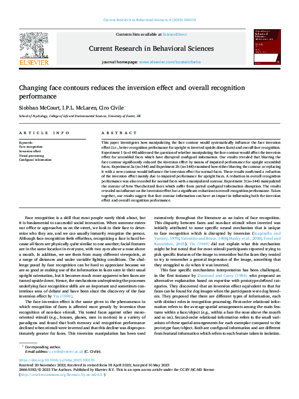 (PDF) Changing face contours reduces the inversion effect and overall recognition performance
