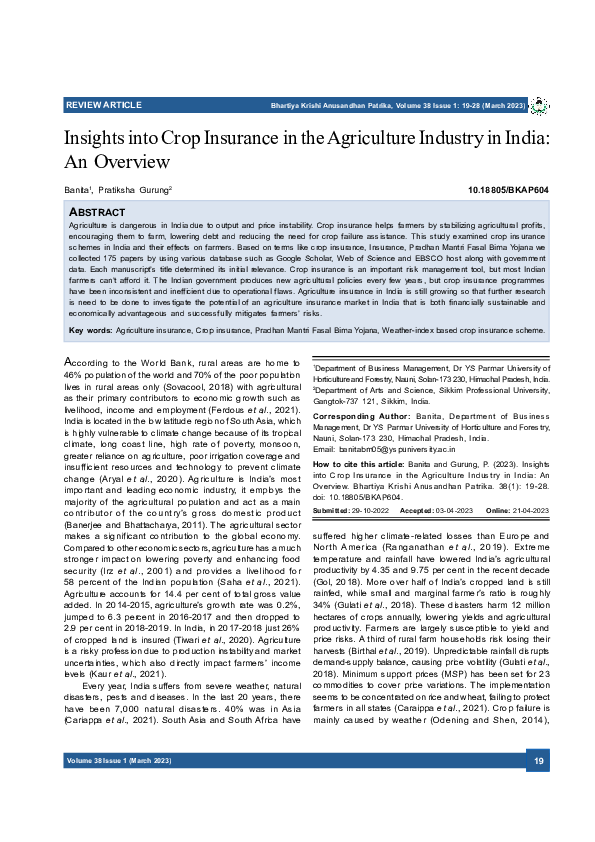 (PDF) Insights into Crop Insurance in the Agriculture Industry in India ...