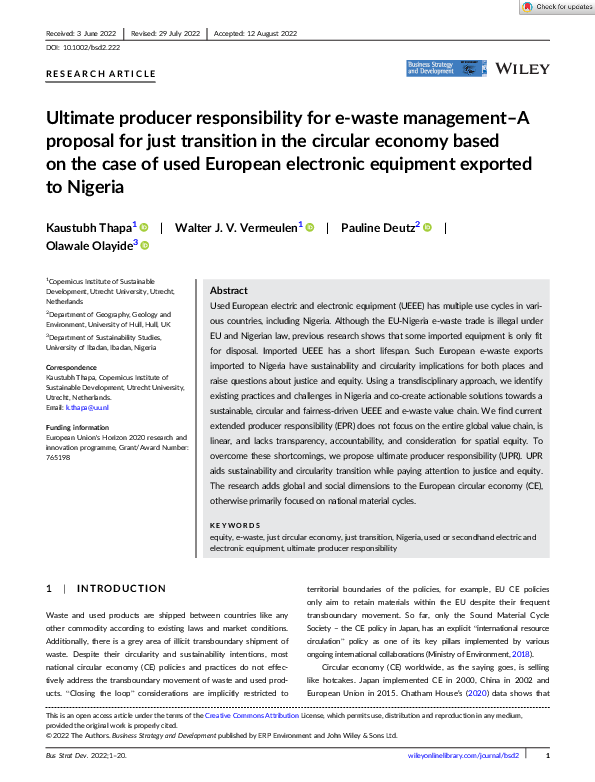 (PDF) Ultimate producer responsibility for e‐waste management–A ...