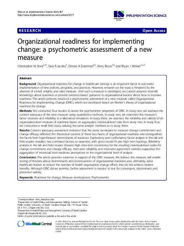 (PDF) Organizational readiness for implementing change: a psychometric ...