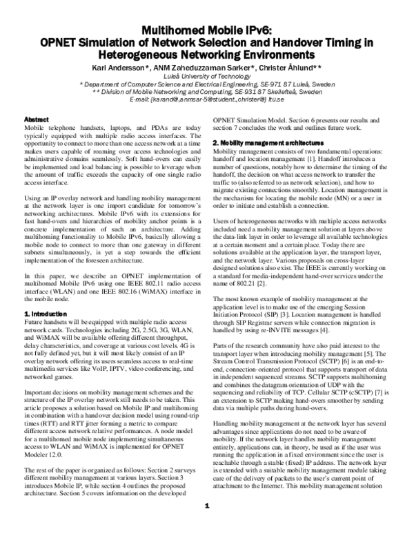 (PDF) Multihomed Mobile IPv6: OPNET Simulation of Network Selection and Handover Timing in ...