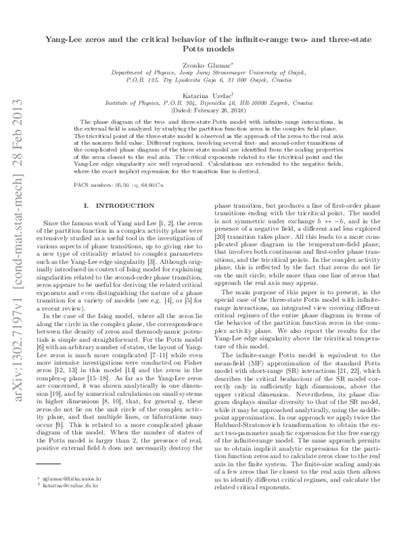 (PDF) Yang-Lee zeros and the critical behavior of the infinite-range two- and three-state Potts ...