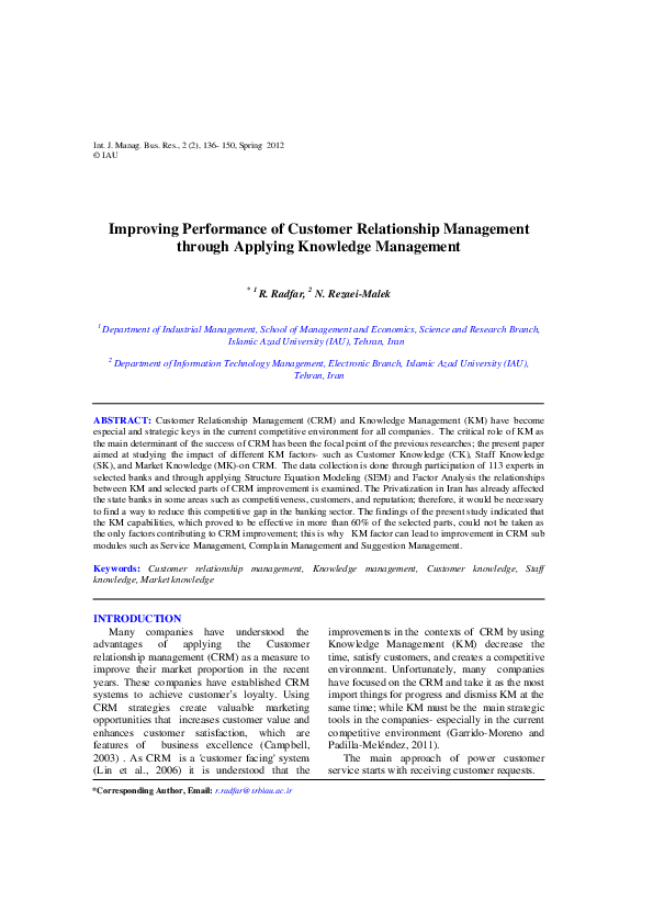 (PDF) Improving performance of customer relationship management by knowledge management — A case ...