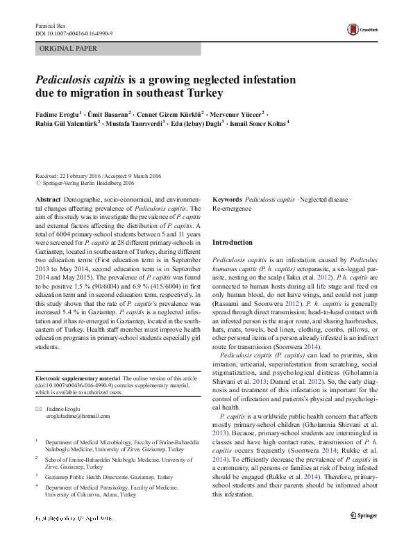 (PDF) Pediculosis capitis is a growing neglected infestation due to migration in southeast Turkey
