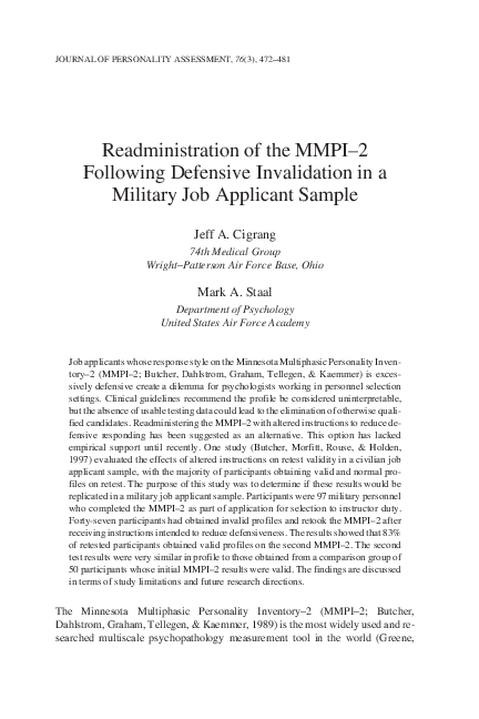 (PDF) Readministration of the MMPI-2 Following Defensive Invalidation ...