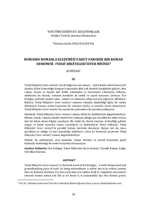 (PDF) ROMANIN ROMANLA ELEŞTİRİSİ YAHUT PARODİK BİR ROMAN DENEMESİ ...