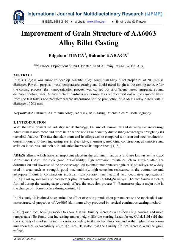 (PDF) Improvement of Grain Structure of AA6063 Alloy Billet Casting