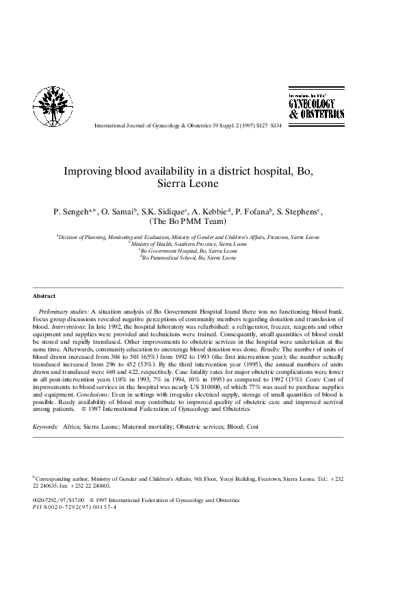 (PDF) Improving blood availability in a district hospital, Bo, Sierra Leone