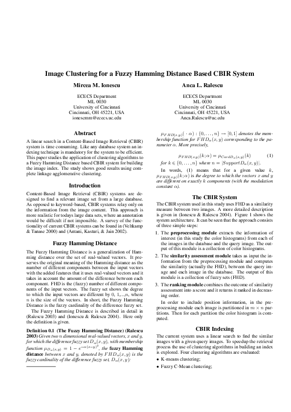 (PDF) Image clustering for a fuzzy hamming distance based cbir system