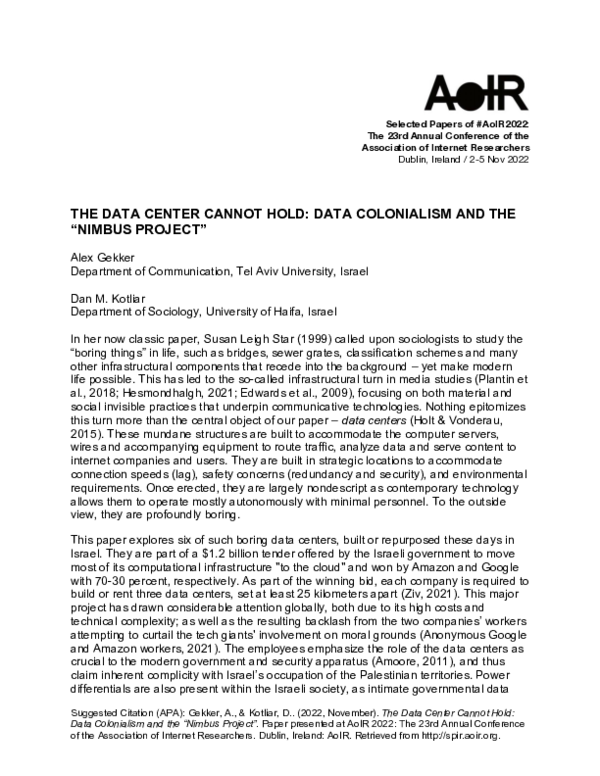 (PDF) The Data Center Cannot Hold: Data Colonialism and the “Nimbus ...