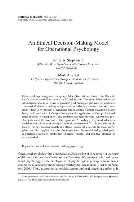 (PDF) An Ethical Decision-Making Model for Operational Psychology