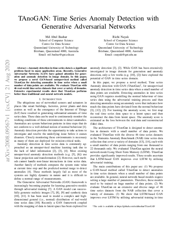 Pdf Tanogan Time Series Anomaly Detection With Generative Adversarial Networks 1ds20cv431