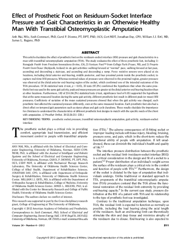 (PDF) Effect of Prosthetic Foot on Residuum-Socket Interface Pressure ...