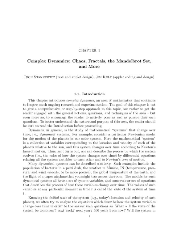 (PDF) Complex Dynamics: Chaos, Fractals, the Mandelbrot Set, and More