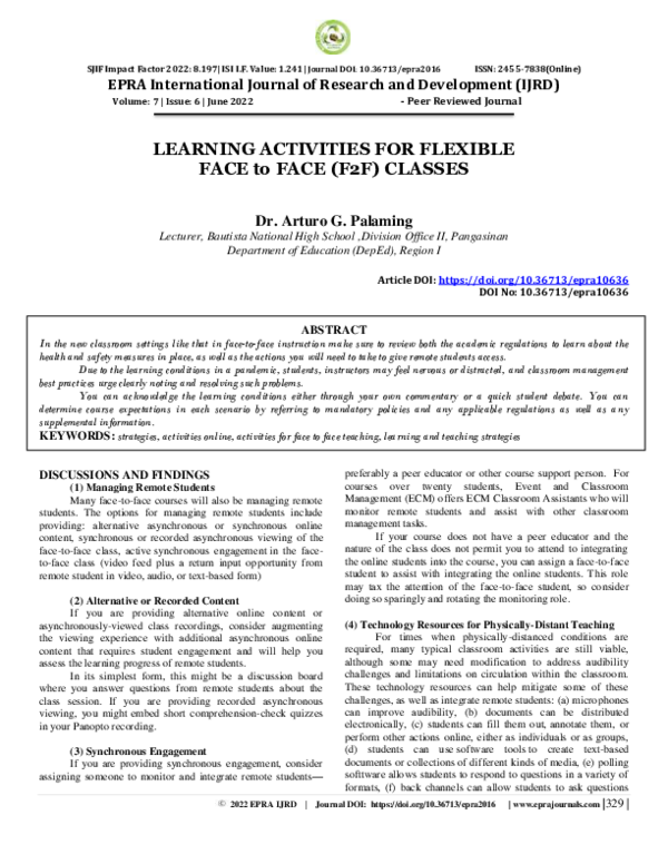 (PDF) LEARNING ACTIVITIES FOR FLEXIBLE FACE to FACE (F2F) CLASSES