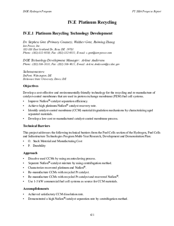 (PDF) IV.E.1 Platinum Recycling Technology Development